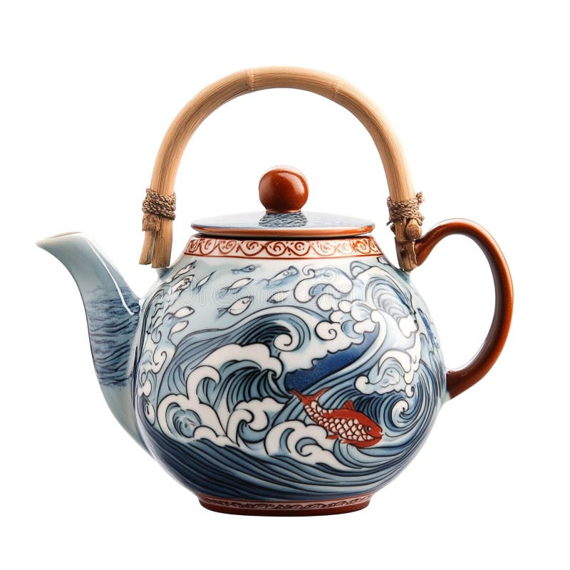Japanese Style Teapot Ocean Wave Design Bamboo Handle Stock ...