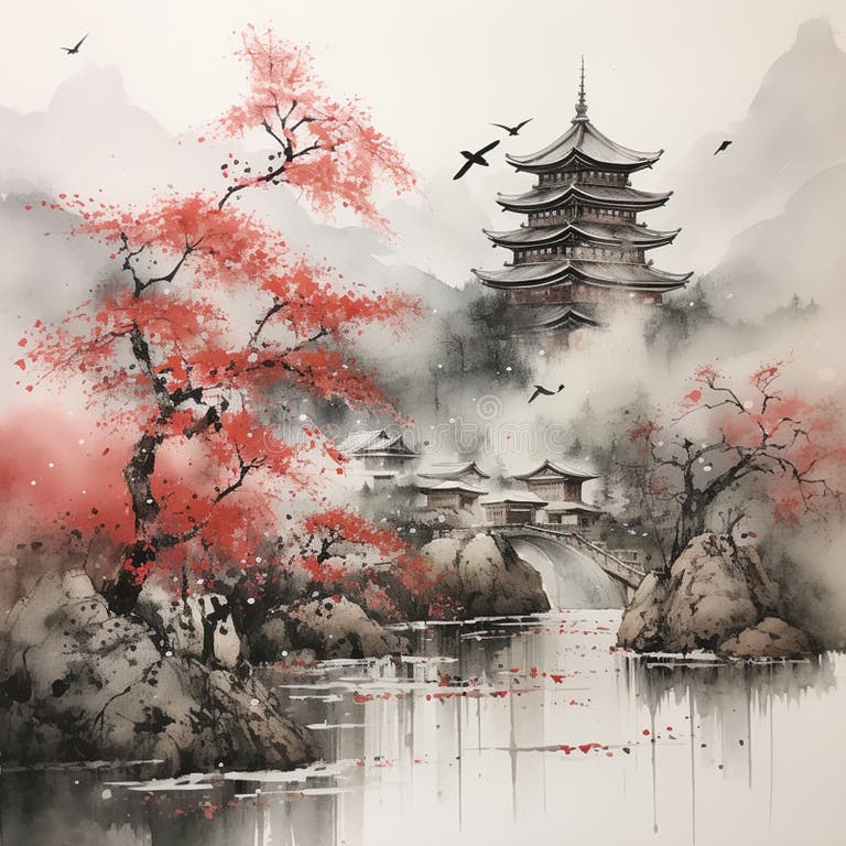 Japanese Sumi-E Dreams Hand-Crafted Magic Stock Illustration ...