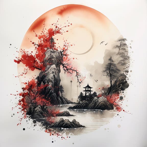 Japanese Sumi-E Dreams Hand-Crafted Magic Stock Illustration ...