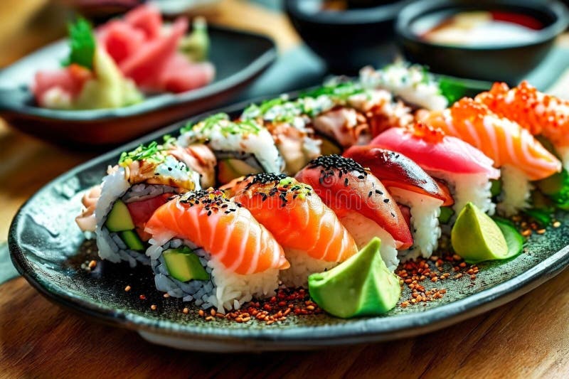 Japanese Sushi Food Shot Setting Stock Illustration - Illustration of ...