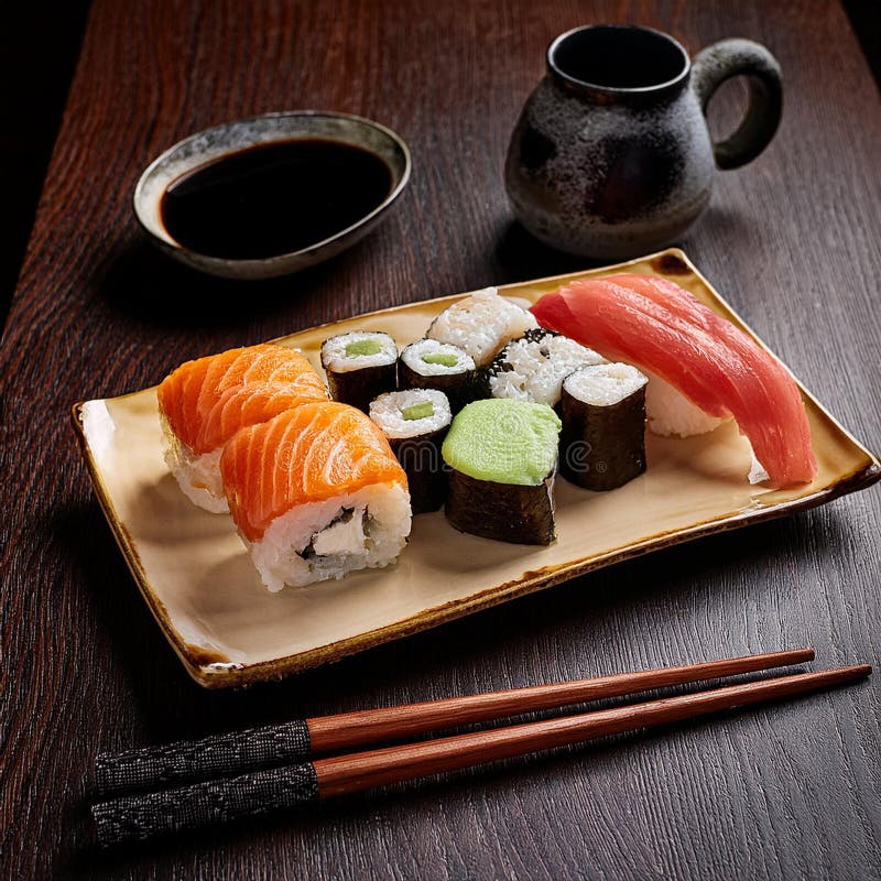Japanese Sushi Food Shot Setting Stock Illustration - Illustration of ...