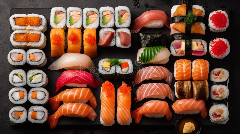 Japanese Sushi Food. Top View of Assorted Sushi Stock Illustration ...