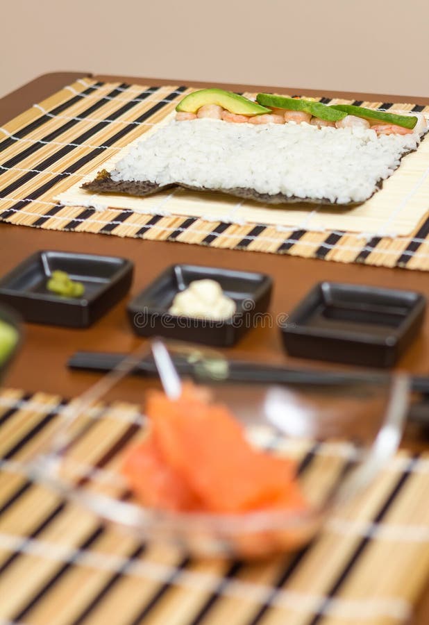 Japanese Sushi with Rice Ready To Roll on a Table Stock Image - Image ...