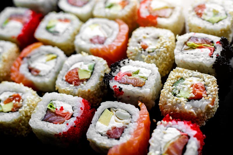 Japanese Sushi Rolls. Close-up Side View. Stock Image - Image of food ...