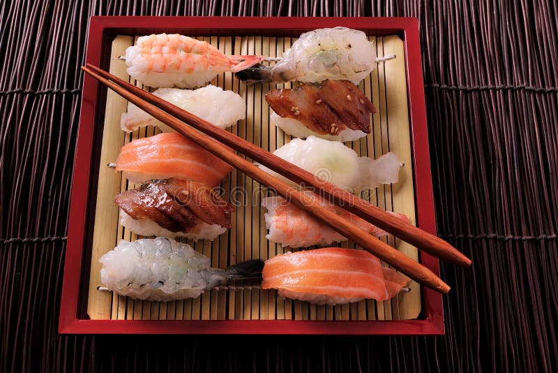 Japanese Sushi Various Assorted Platter Red Bamboo Tray Chopsticks ...