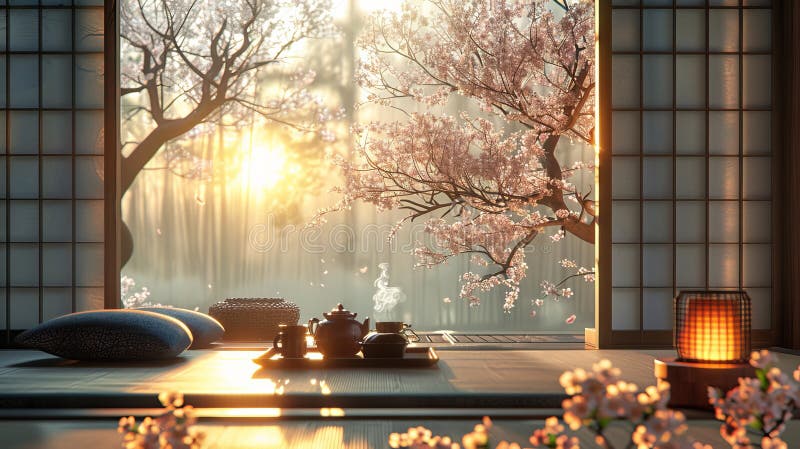 Japanese Tea Ceremony Intricate Kimono Patterns and Cherry Blossom Views in Warmly Lit Setting ...