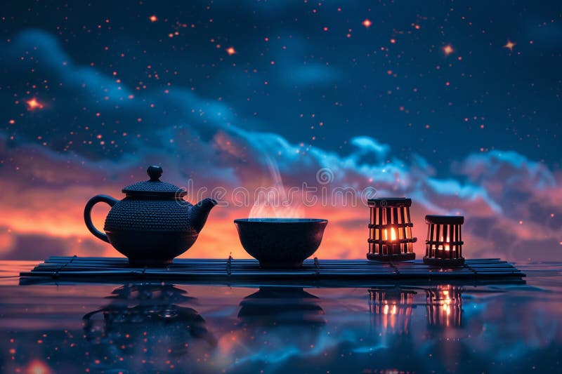 Japanese Tea Ceremony in a Tranquil Cosmic Setting Stock Illustration ...