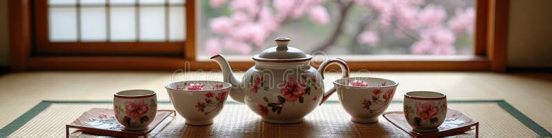 Japanese Tea Set with Cherry Blossom Design in Traditional Room Stock ...
