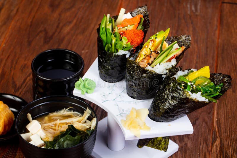 Japanese Temaki set stock image. Image of salmon, miso - 129349903