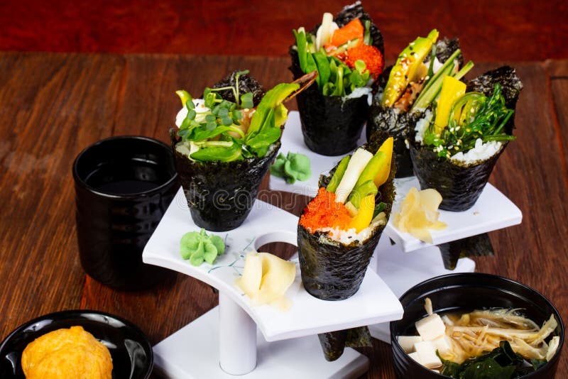 Japanese Temaki set stock photo. Image of seaweed, fish - 130065014