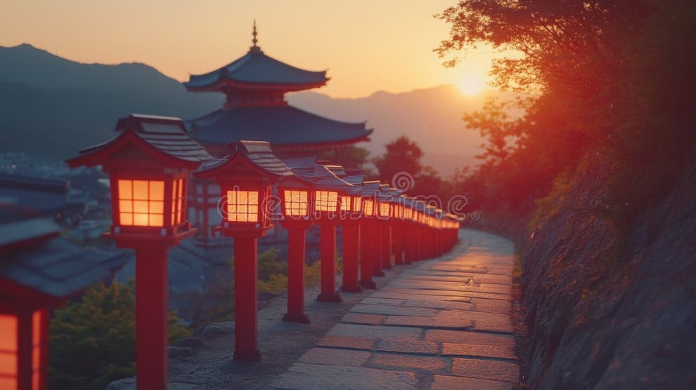 Japanese Temple Path at Sunset Stock Illustration - Illustration of ...