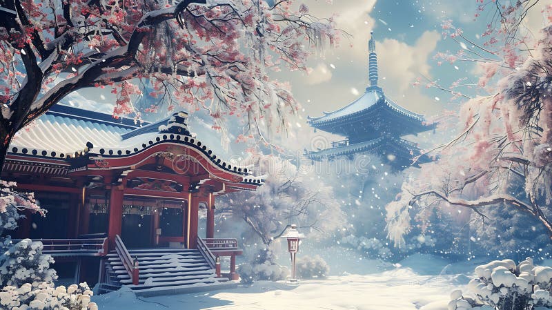 Japanese Temple with Snow stock illustration. Illustration of pagoda ...