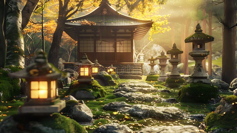 Japanese Temple Surrounded by Lanterns and Mossy Stones Stock ...