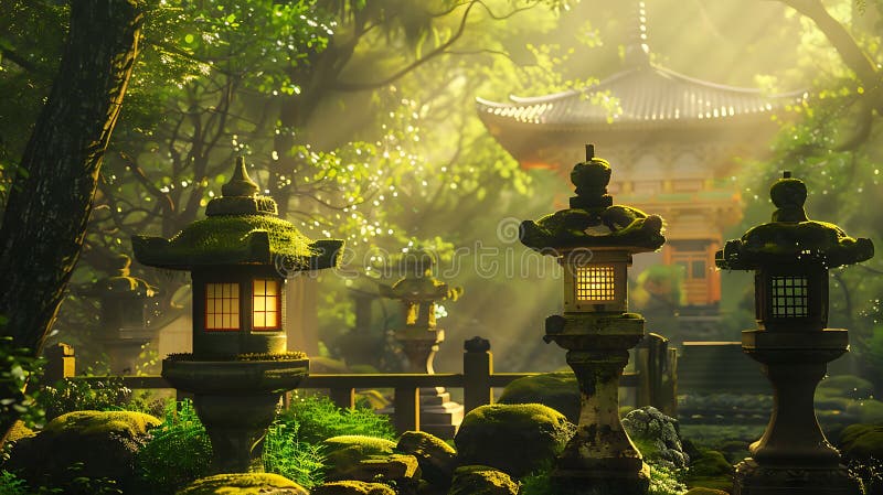 A Japanese Temple Surrounded by Lanterns and Mossy Stones Stock ...