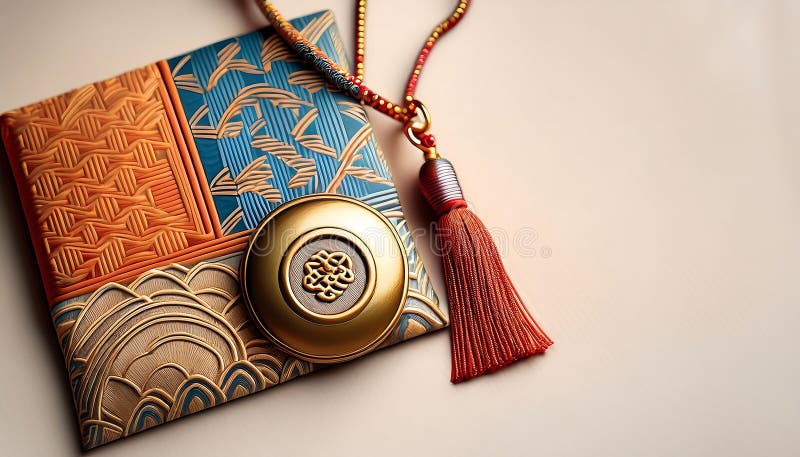 Japanese Themed Image with a Charm, Tassel, and Geometric Patterns ...