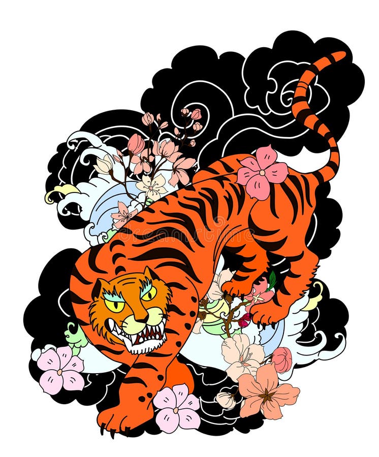 Japanese Tiger with Cloud Vector Set on Background. Stock Vector ...