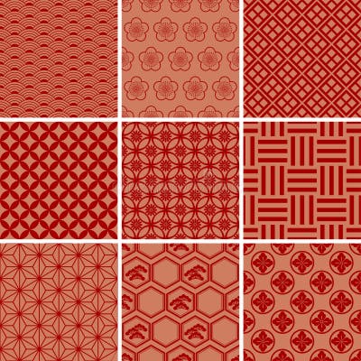Japanese Traditional Red Pattern Set Stock Vector - Illustration of ...