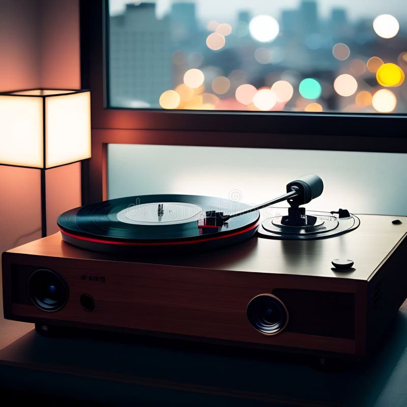 Japanese Vintage Record Player with Cityscape View Stock Illustration ...