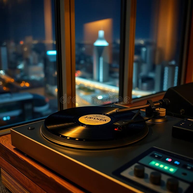 Japanese Vintage Record Player with Cityscape View Stock Illustration ...
