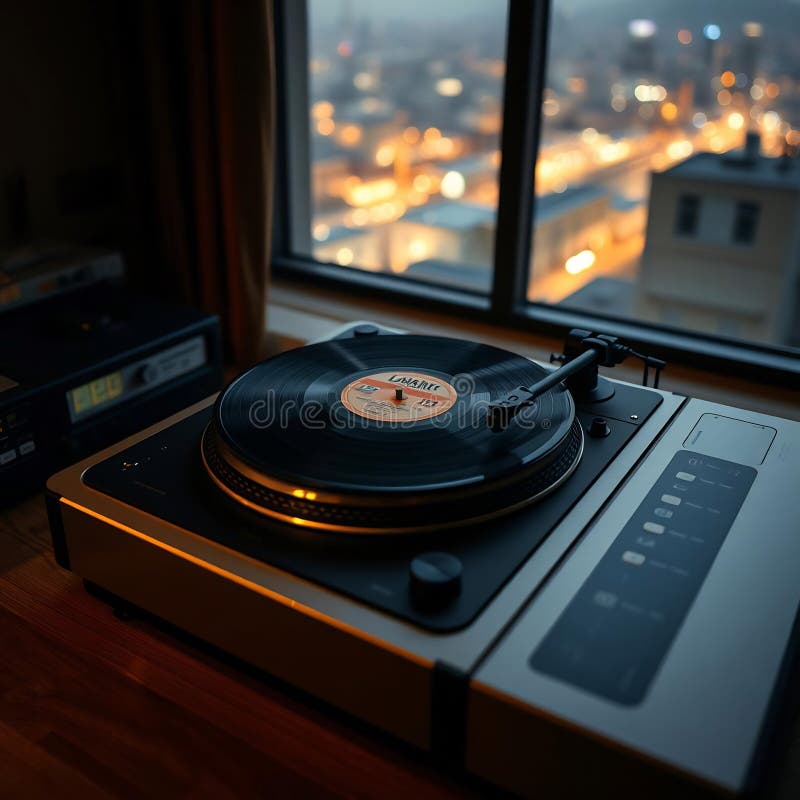 Japanese Vintage Record Player with Cityscape View Stock Illustration ...
