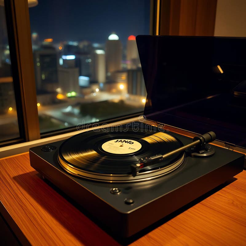 Japanese Vintage Record Player with Cityscape View Stock Illustration ...