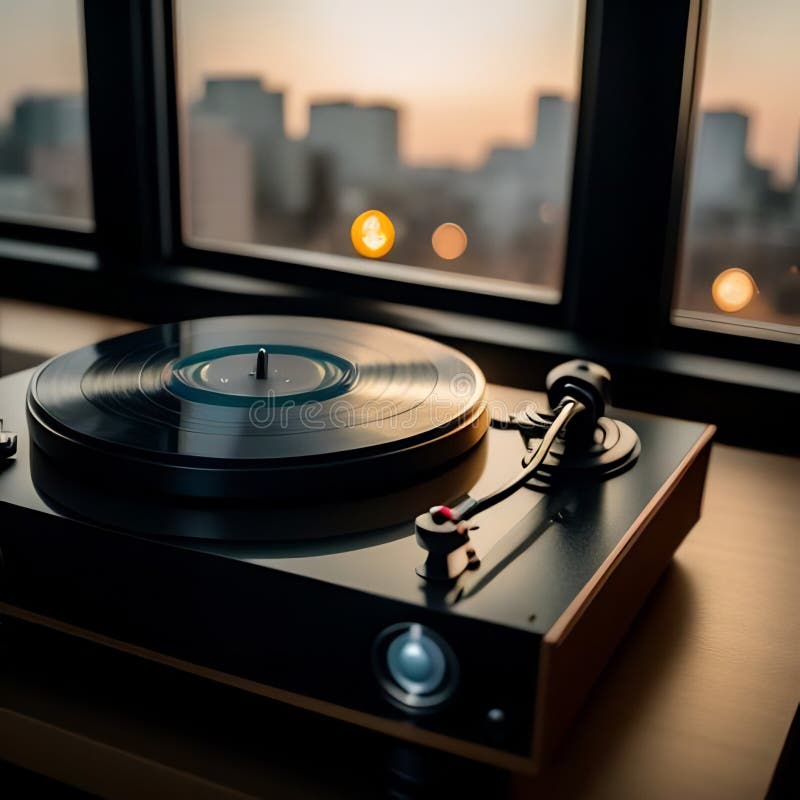 Japanese Vintage Record Player with Cityscape View Stock Illustration ...