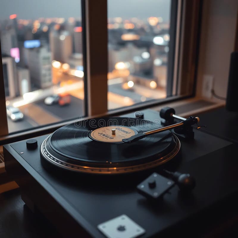 Japanese Vintage Record Player with Cityscape View Stock Illustration ...