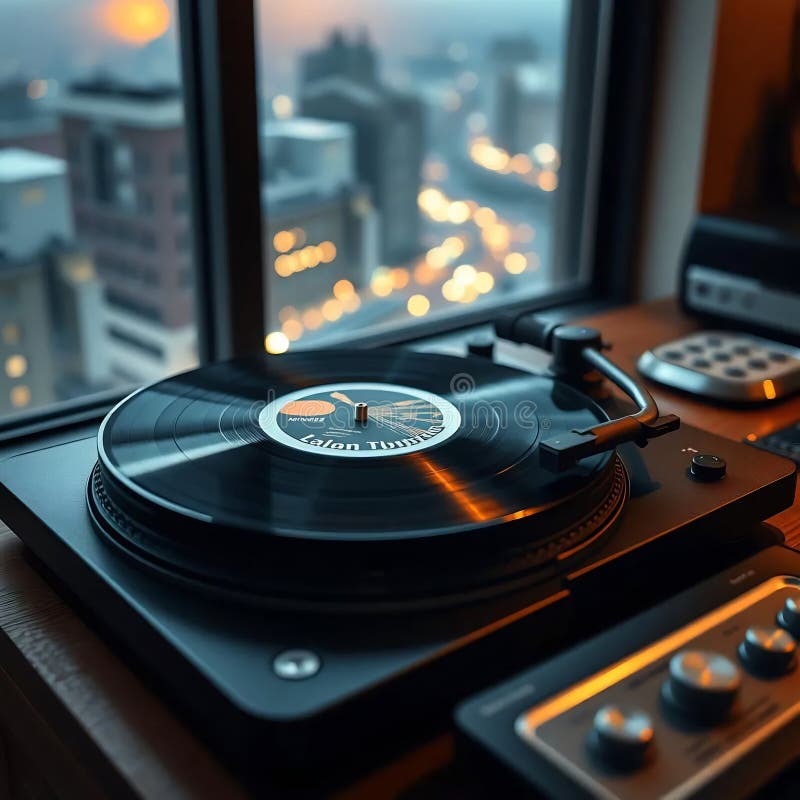 Japanese Vintage Record Player with Cityscape View Stock Illustration ...
