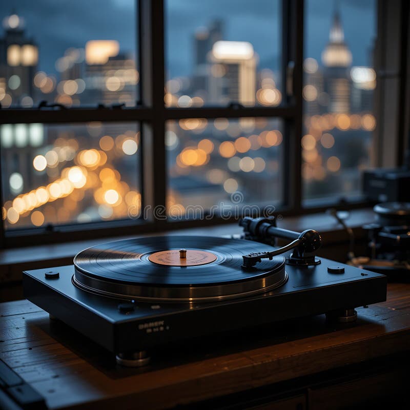 Japanese Vintage Record Player with Cityscape View Stock Illustration ...