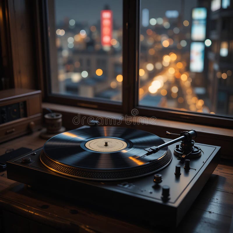 Japanese Vintage Record Player with Cityscape View Stock Illustration ...