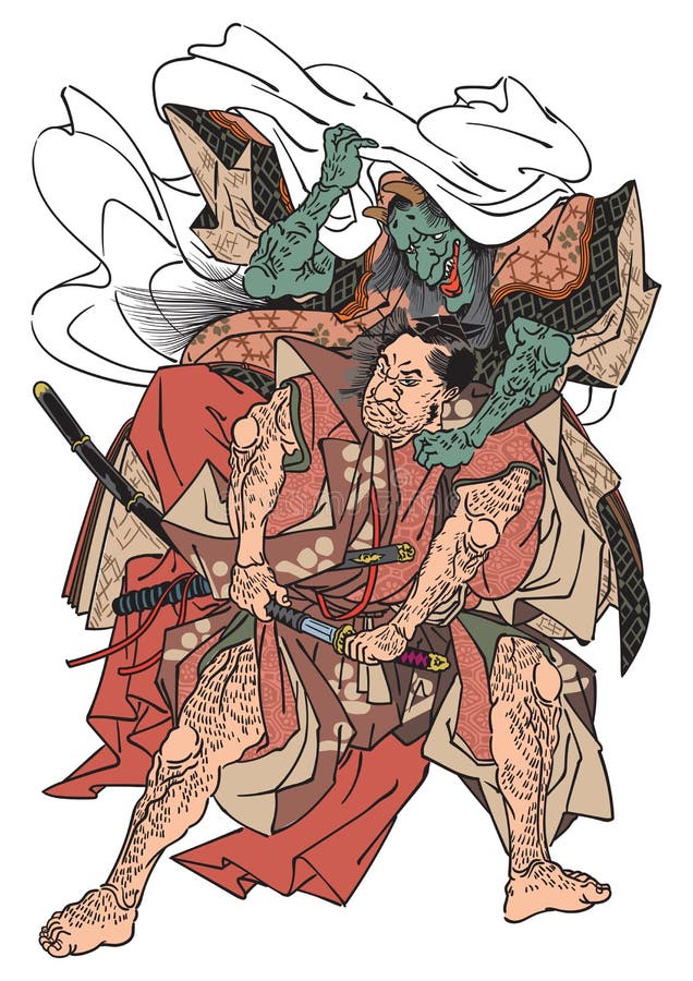 Japanese Warrior Fight with Demon Oni Tattoo. Set of Labels and ...