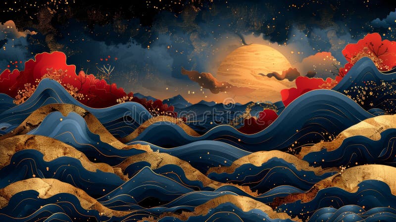 A Japanese Wave Pattern on an Abstract Background Modern. an Earth Tone ...