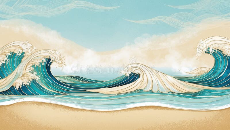 Japanese Wave Pattern-Inspired Wallpaper with Stylized Ocean Waves and ...