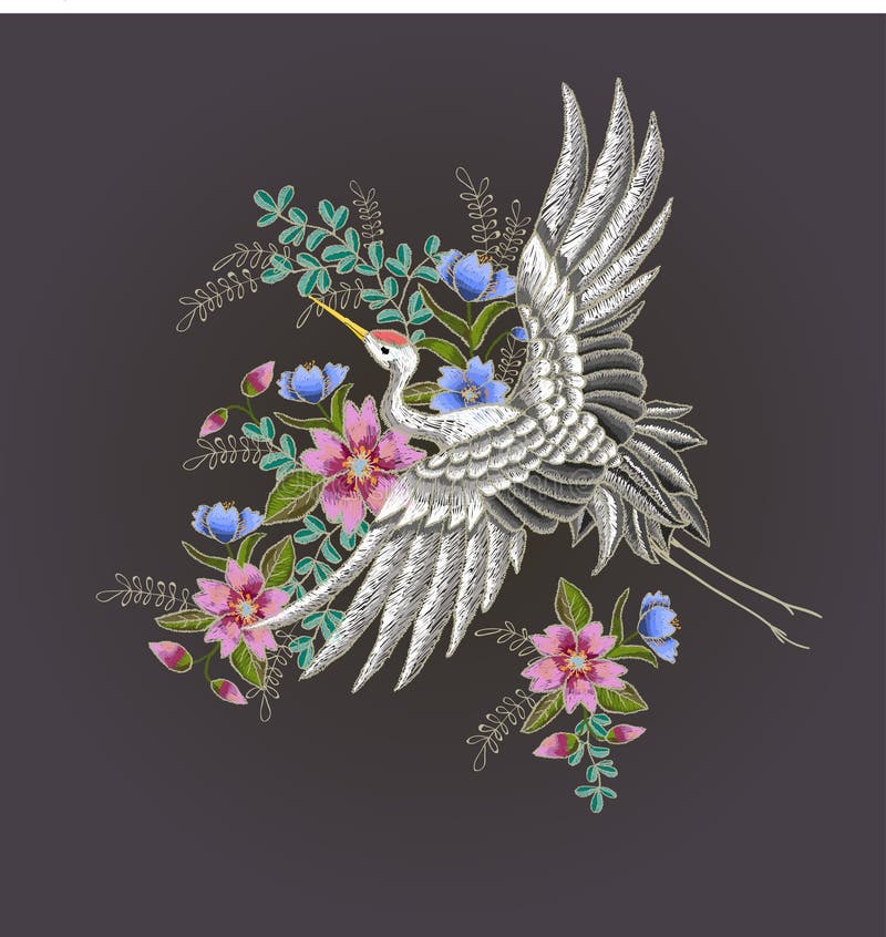 Japanese White Crane and Flowers. Embroidery Vector. Stock Vector ...