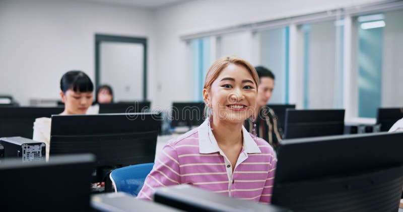 Japanese Woman, Face and Computer Science in Lab for Lesson, Education ...