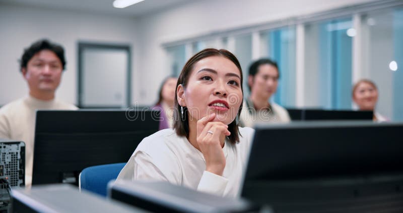 Japanese Man, Question and Computer Science in Lab for Lesson ...
