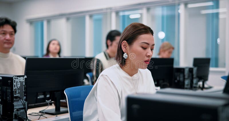 Japanese Woman, Students and Computer Science in Lab for Lesson ...