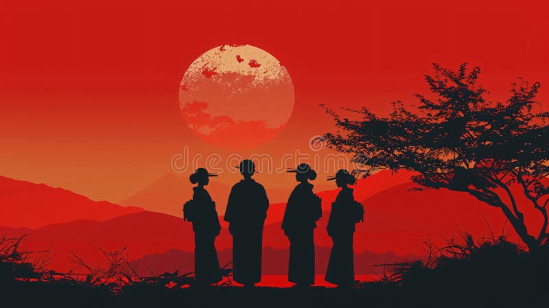 Japanese Women Under the Moon in Silhouette Stock Image - Image of ...