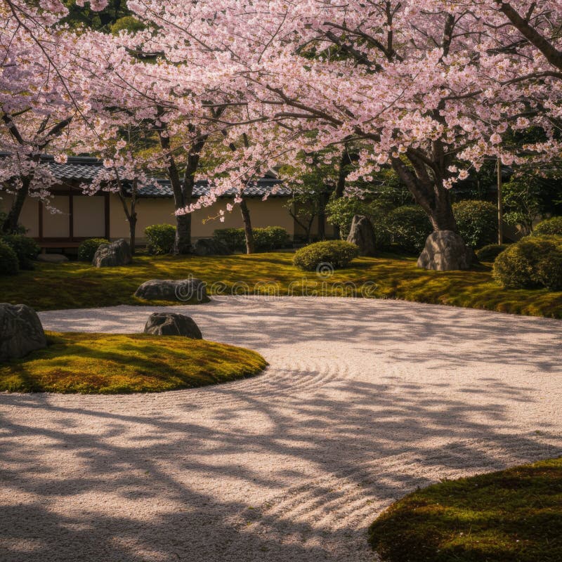 Japanese Zen Garden with Cherry Blossoms in Spring Stock Illustration ...