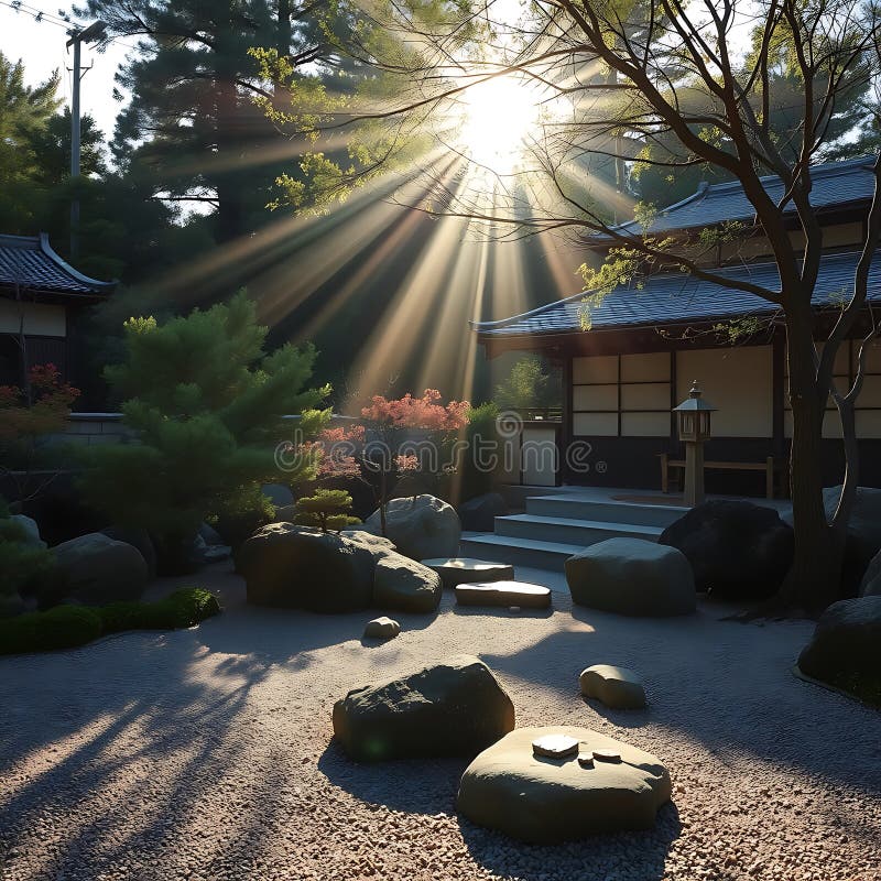 Japanese Zen Garden with Morning Sunlight Stock Illustration ...