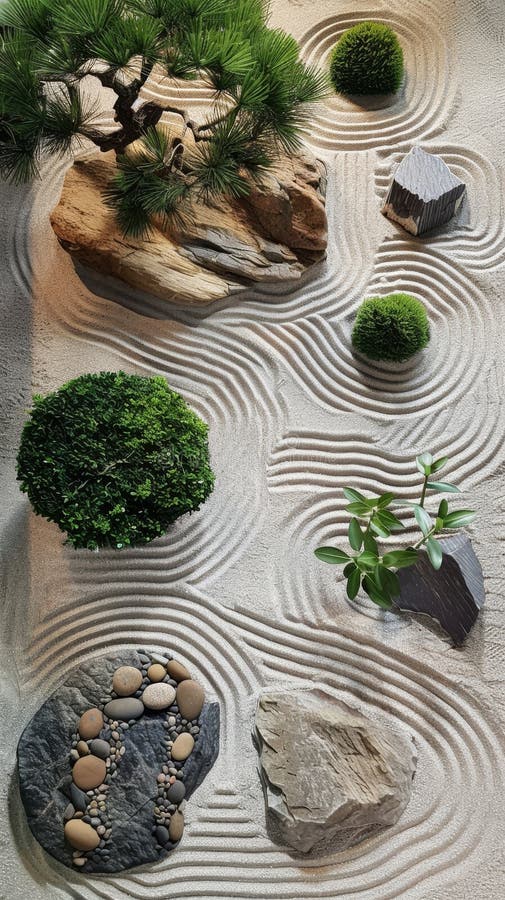 Japanese Zen Garden with Rocks, Pebbles, and Greenery in Sand Stock ...