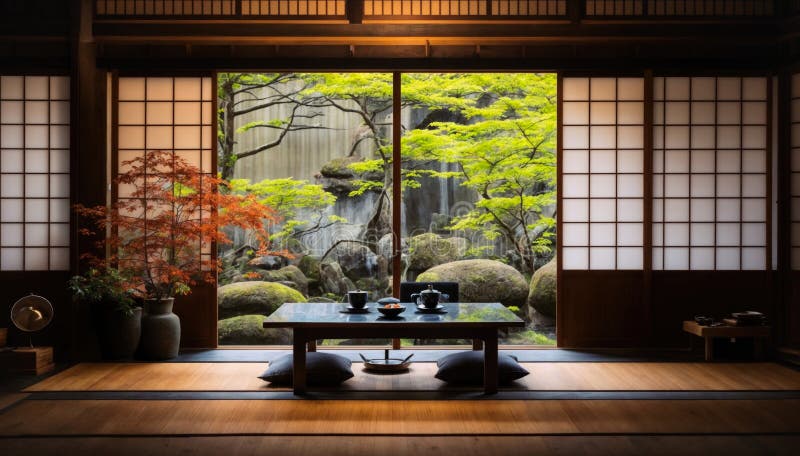 Japanese Zen Garden and Wooden Table in Front of a Window Stock ...