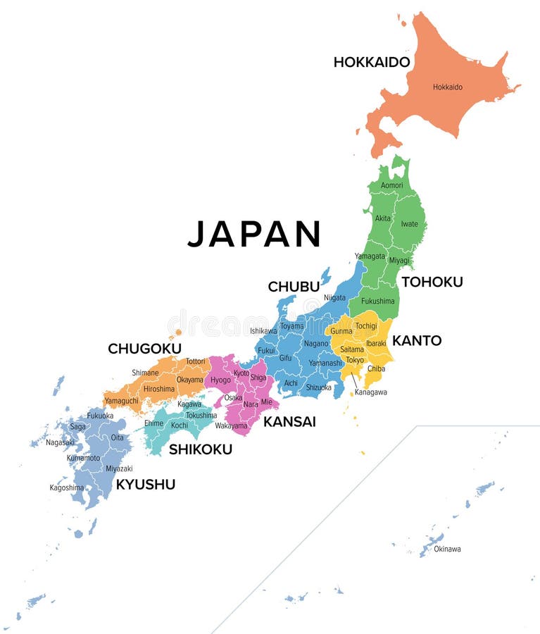 Regions of Japan, Divided into 47 Prefectures, Multi Colored Political ...