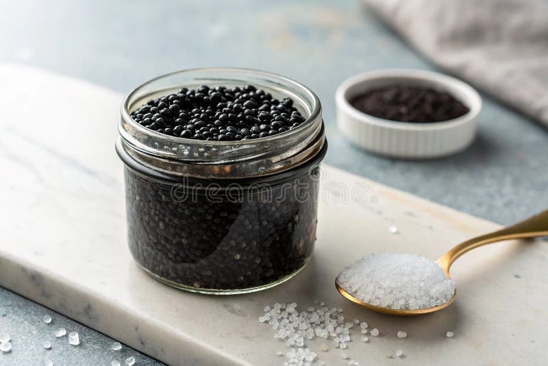 Jar with Black Caviar and Spoon of Salt. Free Space for Text Stock ...