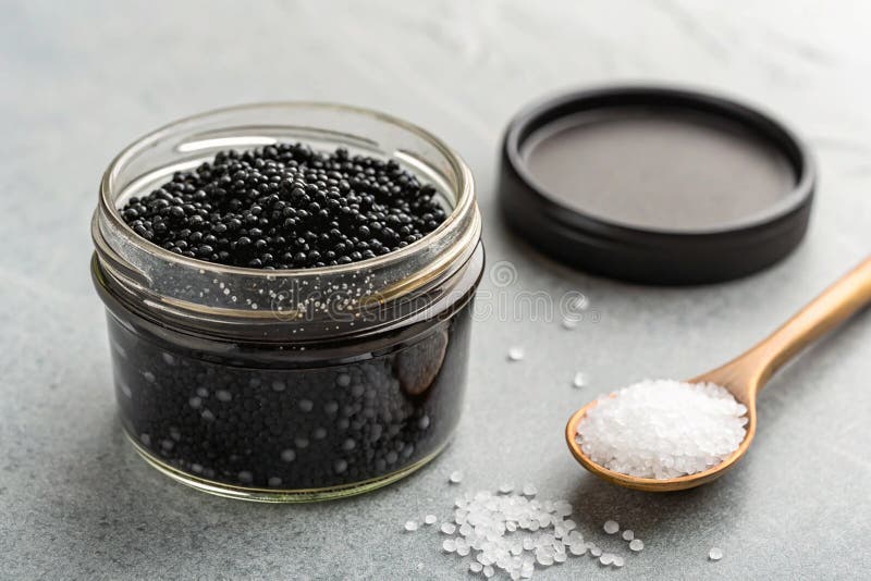 Jar with Black Caviar and Spoon of Salt. Free Space for Text Stock ...