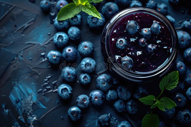 A Jar of Blueberry Jam on a Dark Background, Top View. Dark Jam on ...