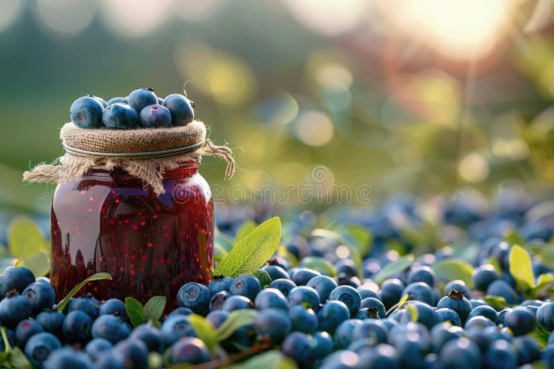 A Jar of Blueberry Jam on Field Background. Dark Jam on a Blueberry ...