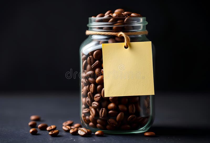 A Jar Bottle of Coffee Beans and a Blank Sticky Note Mockup is Tied Up ...