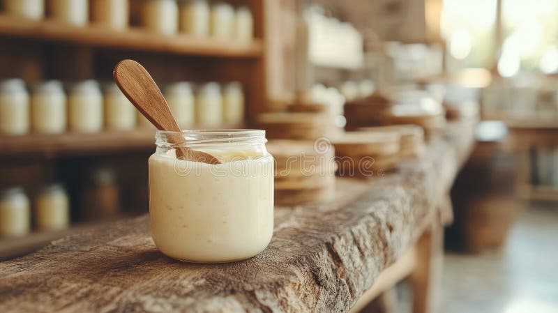 Jar of Butter with Wooden Spoon on Rustic Table in Pantry. Stock Image ...