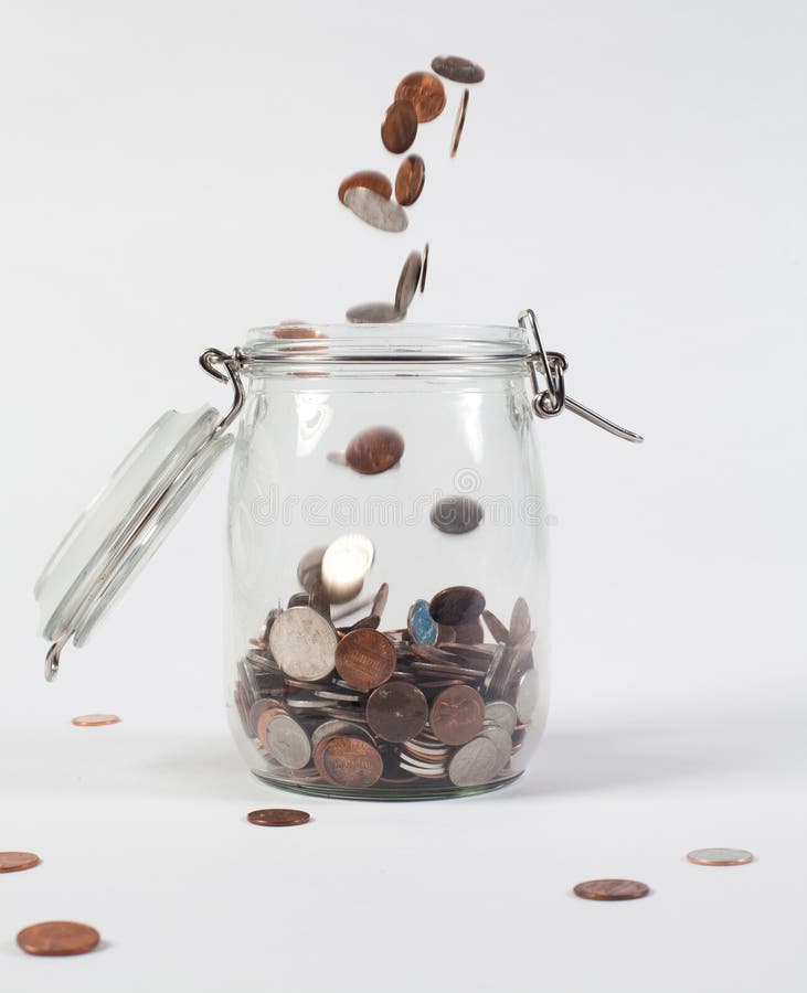 Jar with Change Falling Isolated Stock Photo - Image of savings, growth ...